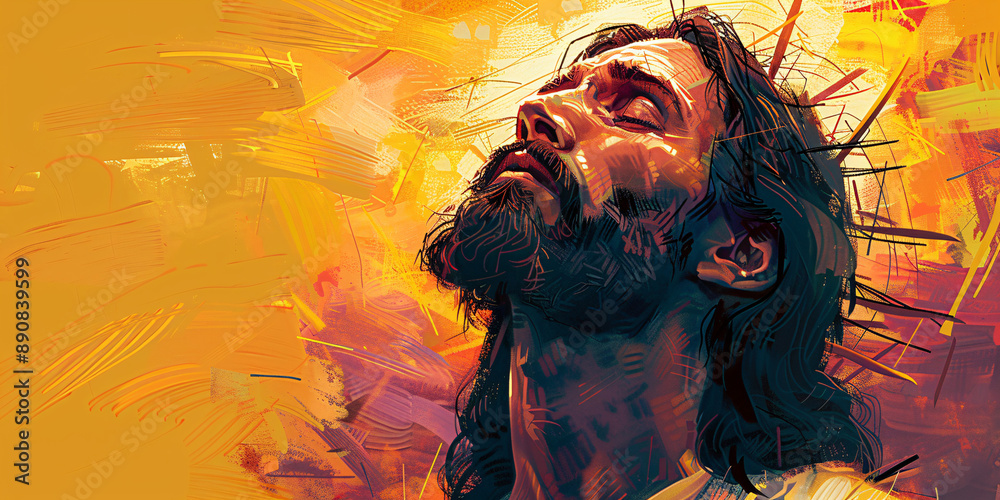 A modern graphic illustration of Lord Jesus Christ, the savior, in a ...