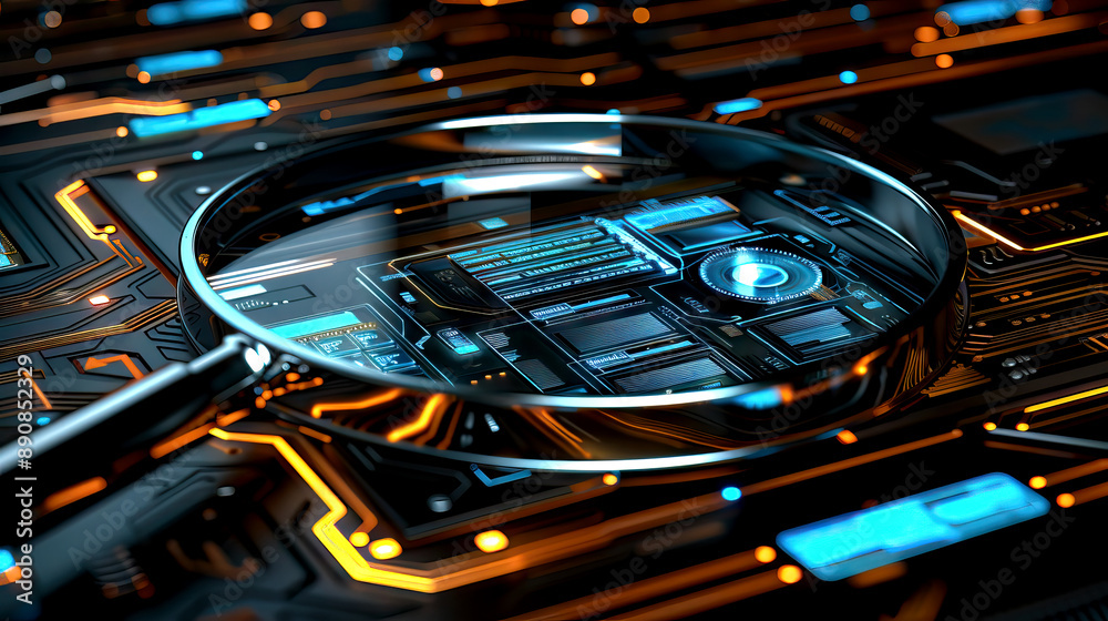 Magnifying glass laying on a circuit board technology, digital ...