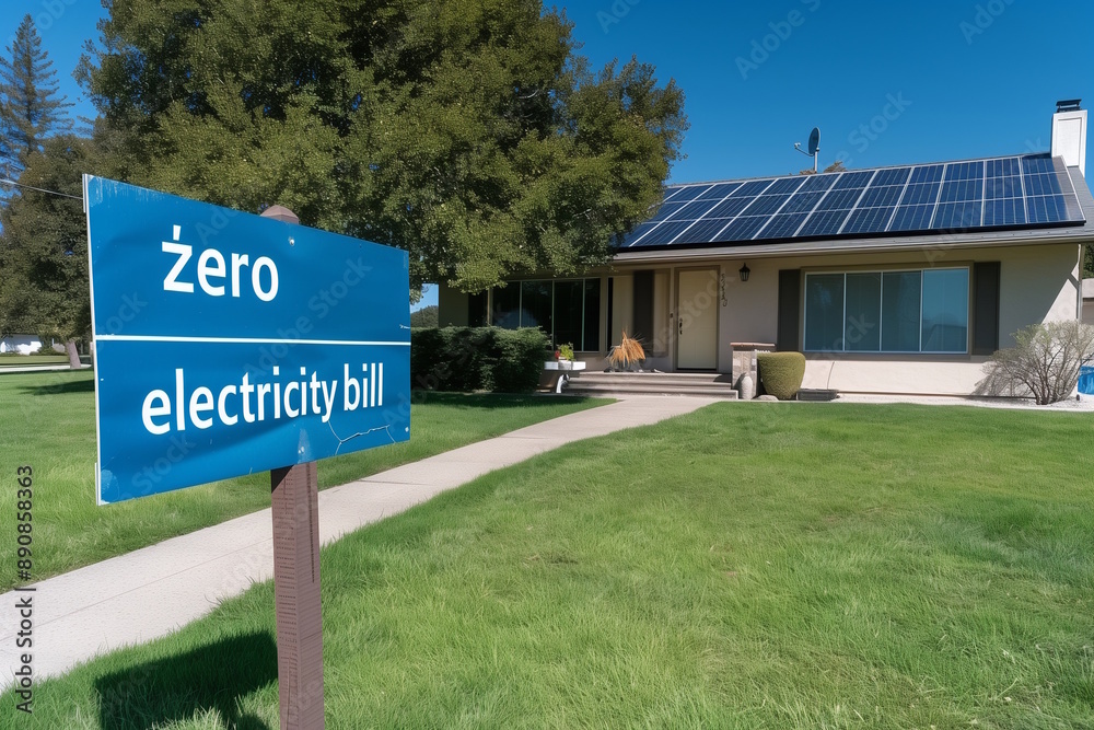 Solar panels on a suburban house with a sign reading "zero electricity ...