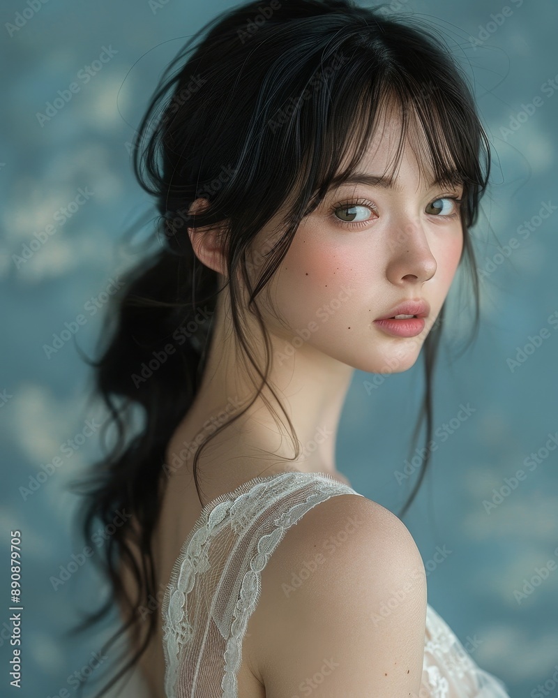 Portrait of beautiful Japanese women with slicked back hair, wearing ...