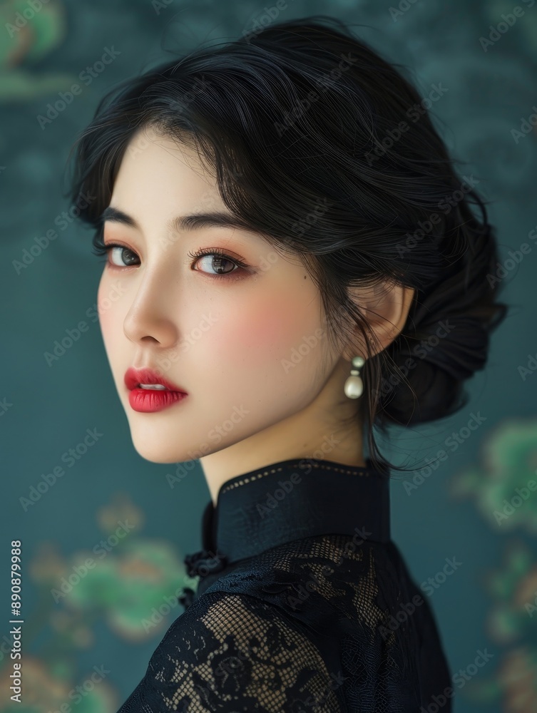 Portrait of beautiful Japanese women with slicked back hair, wearing ...