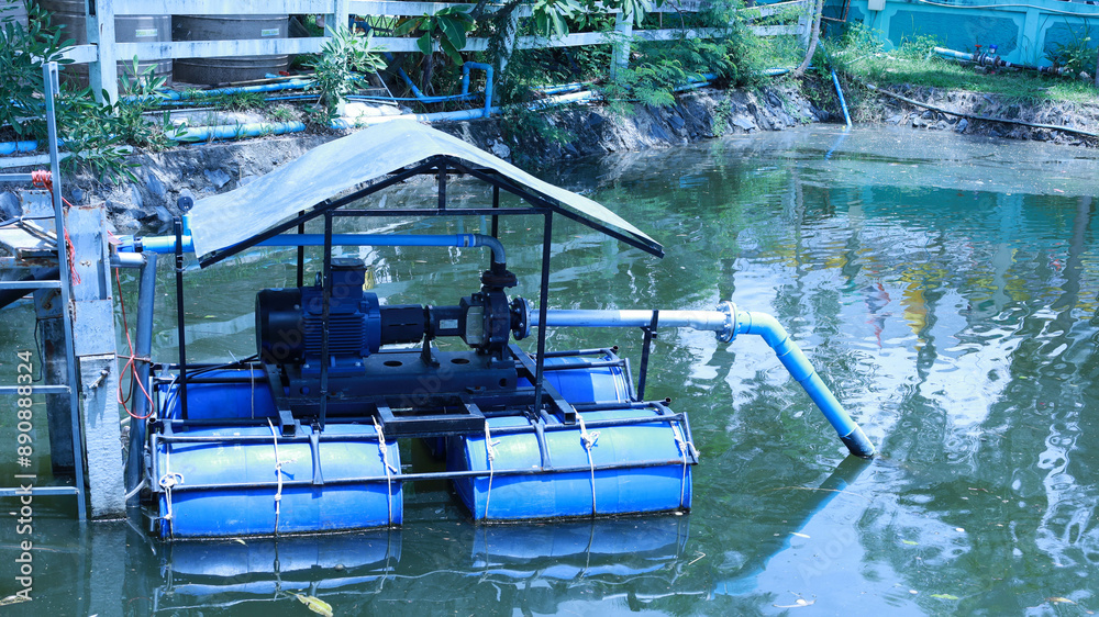 Water pump floats on a buoy. Close-up of electric water pump motor ...