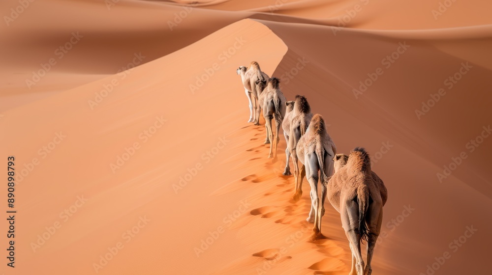 This captivating image depicts a caravan of camels walking in a straight line through massive ...