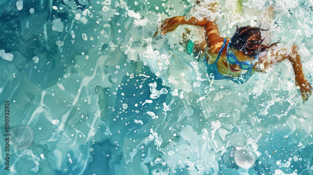 Underwater view of a person diving swimming alone in beautiful blue ...