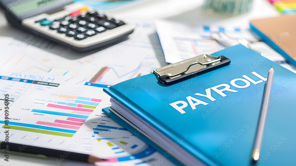 payroll management. A prominent blue binder labeled 