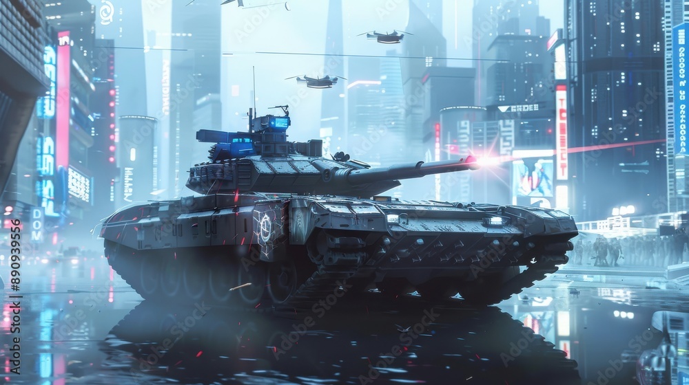 Futuristic Battle Tank with AI and Drones Engaging Enemy Forces in ...