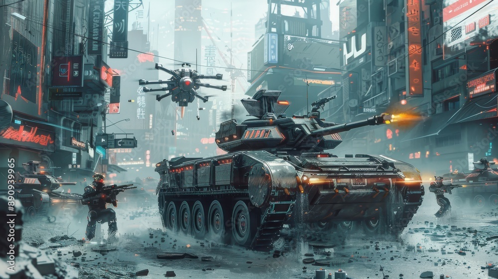 Futuristic Tank with EMP Cannons and Drones Battling Enemies in Post ...