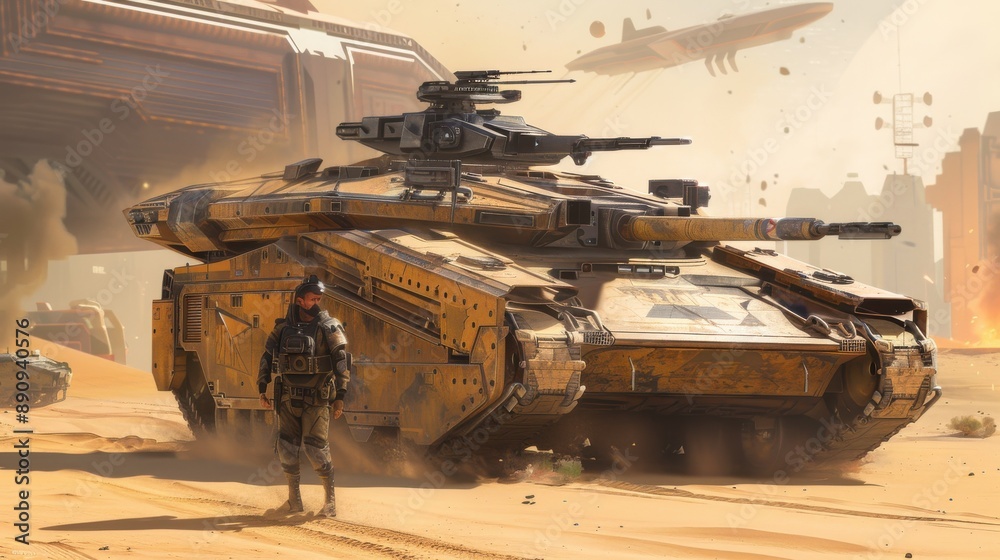 Advanced High-Tech Tank Patrolling Futuristic Desert Outpost with ...