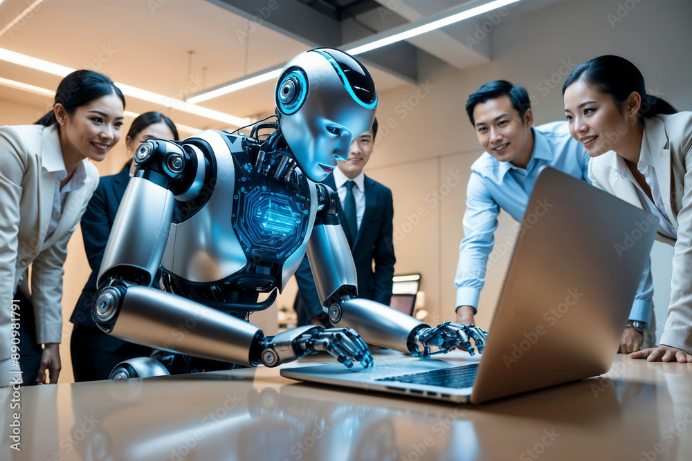 People in office looking at humanoid robot while he is performing tasks ...