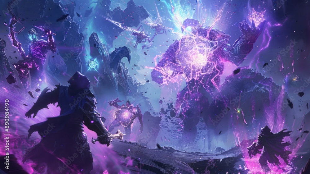 Arcane constructs of crystalline magic and ancient runes battling in a ...