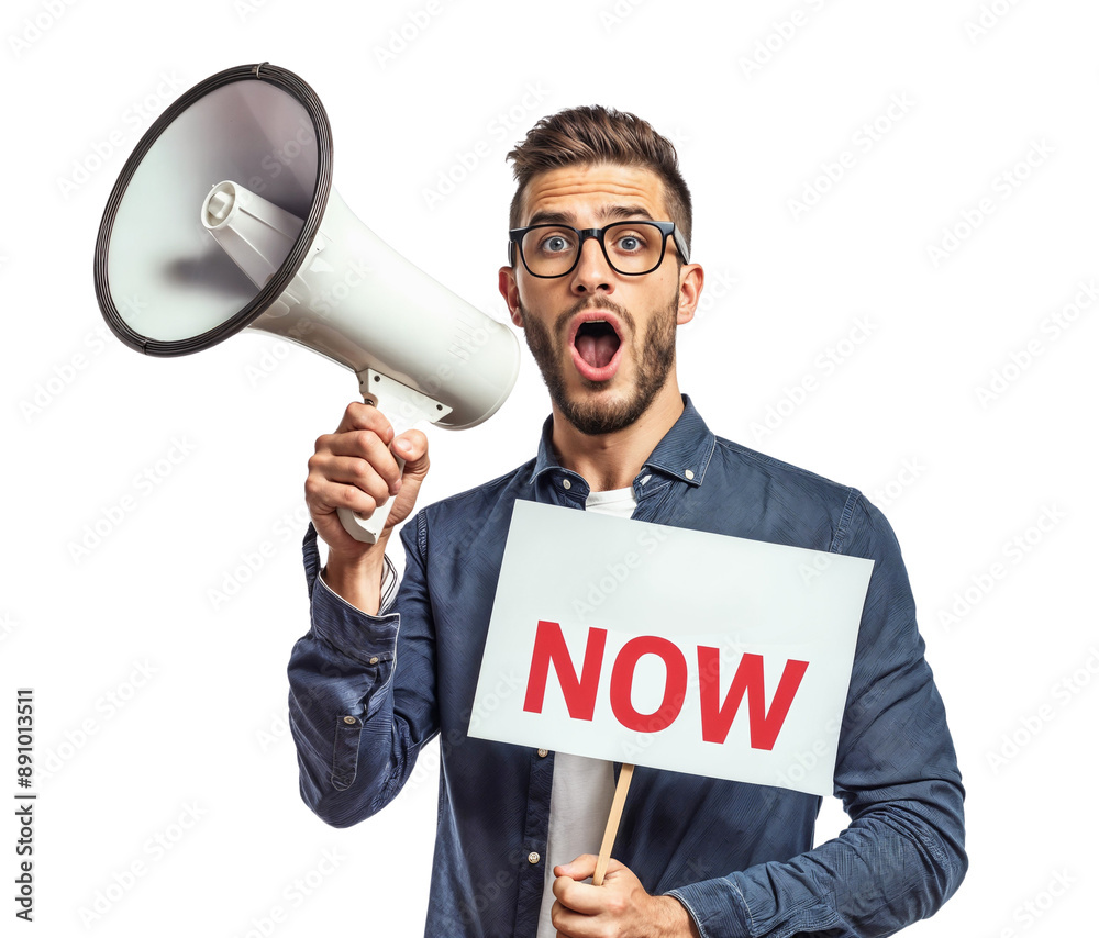 Act Now! Urgent Announcement: A young man with a megaphone and a sign ...