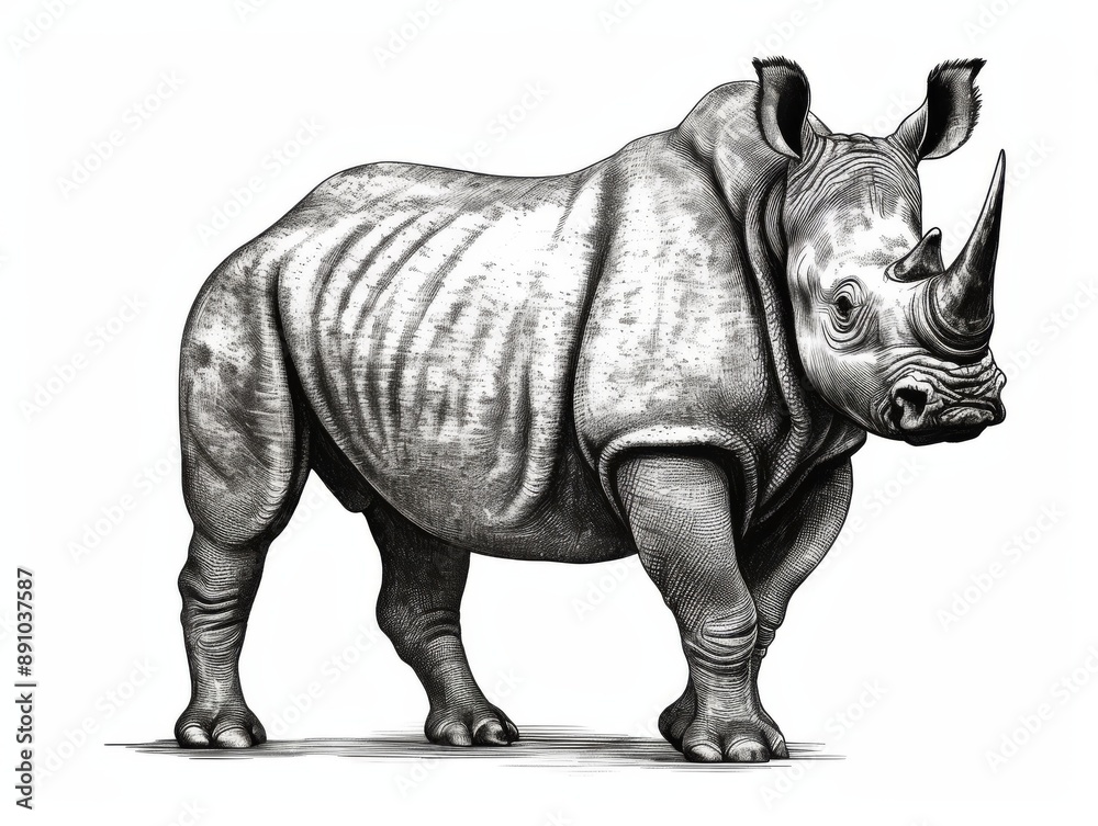 Black and white Vintage engraved art of a rhinoceros isolated on white ...