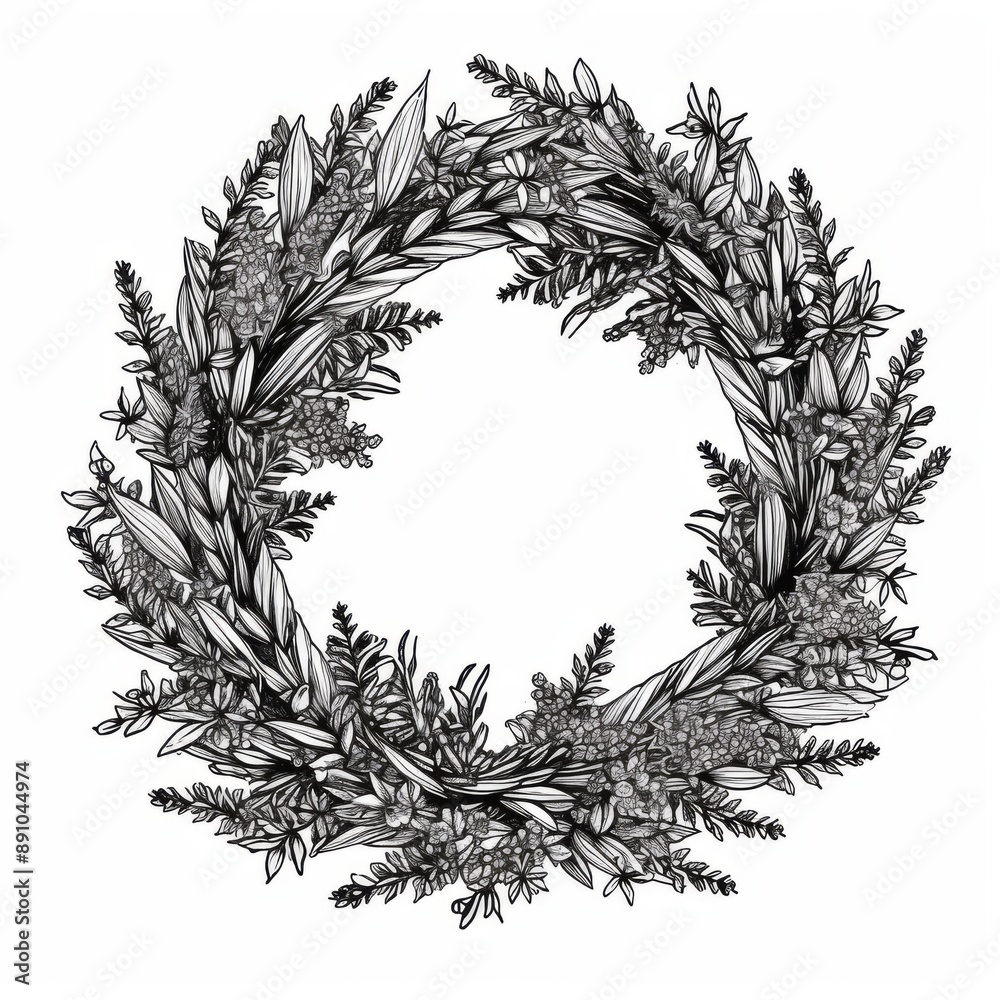 Black and white Vintage engraved art of a lavender wreath isolated on ...