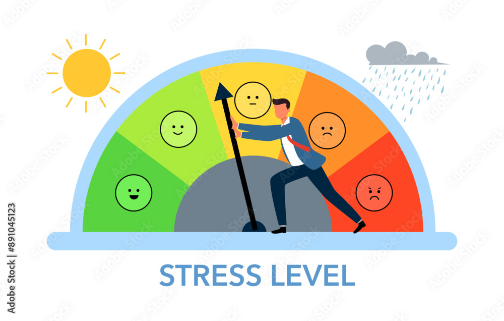 Stress level, mood and emotions scale vector illustration. Businessman ...