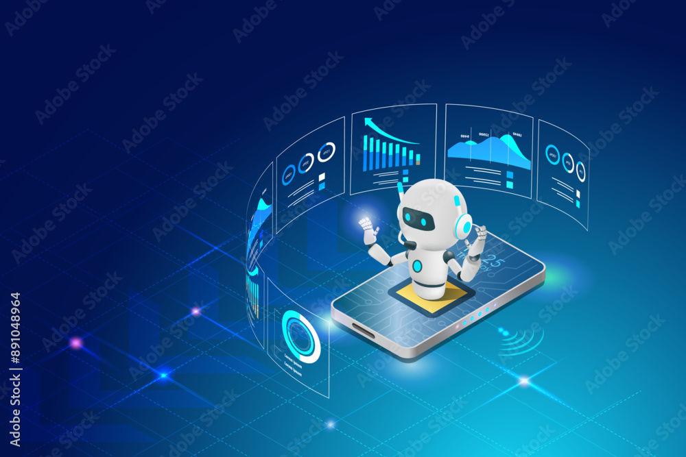 AI chat robot analyzing business graph chart data on smart phone. Artificial intelligence ...
