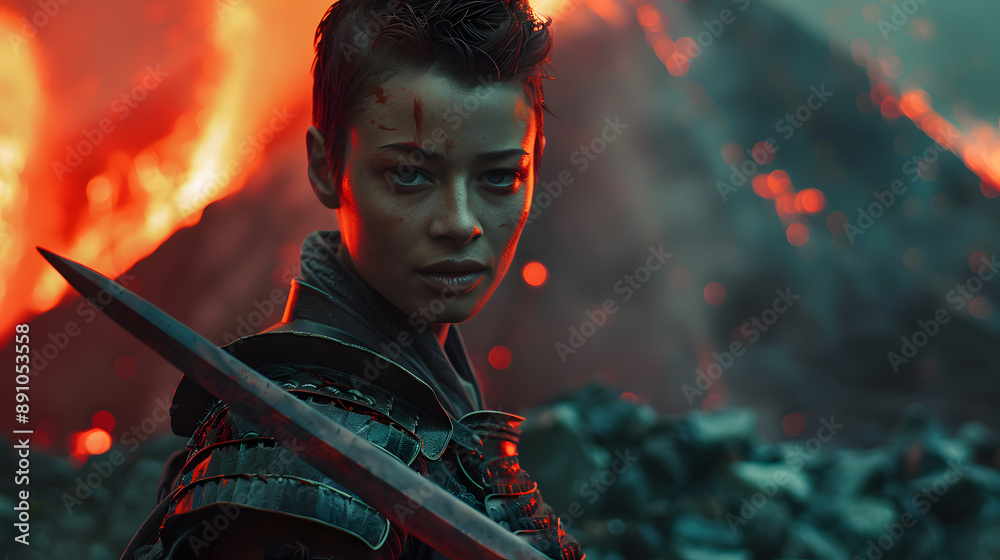 Heroic woman in armor with a katana, captured in a medium close-up ...