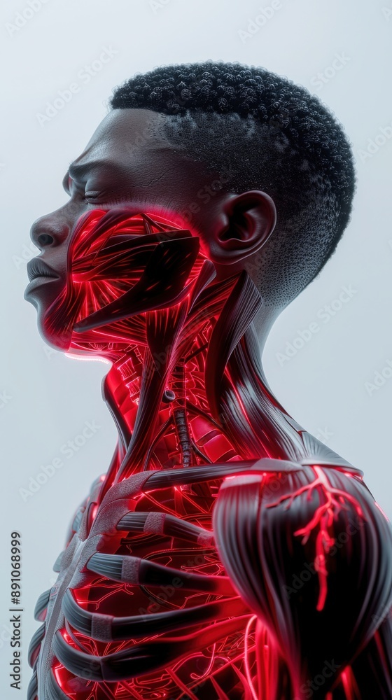 Side profile of a human showing detailed muscle anatomy with red ...
