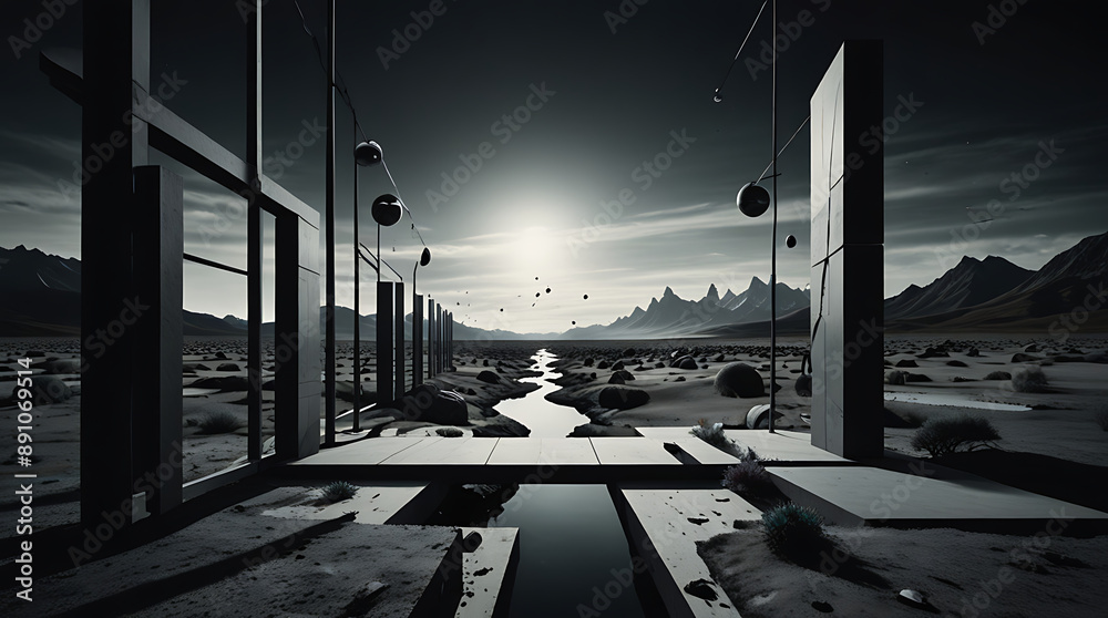 A scene where different dimensions intersect, showing objects and ...