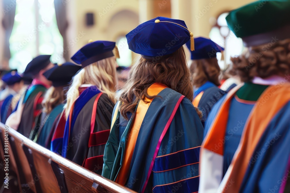 Graduation ceremony with students wearing academic regalia, seated in a ...