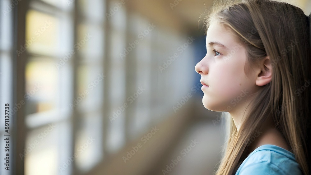 Young girl feels lonely at school. School kid loneliness and isolation ...