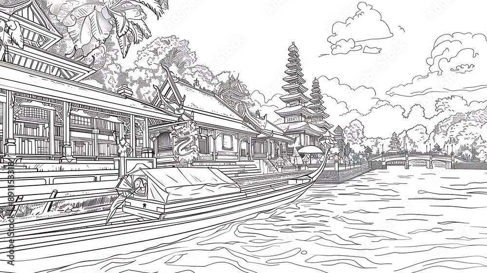 black and white cartoon image with clear line art postcard of Bali and ...