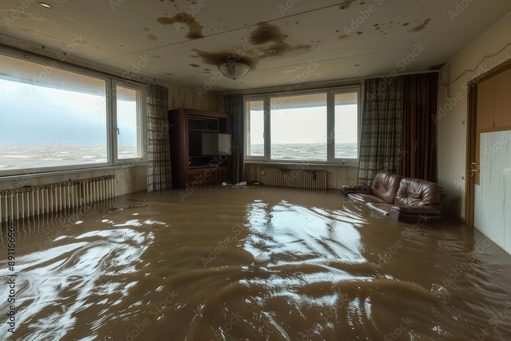 Flooded apartment interior on 5th floor with natural from large window ...
