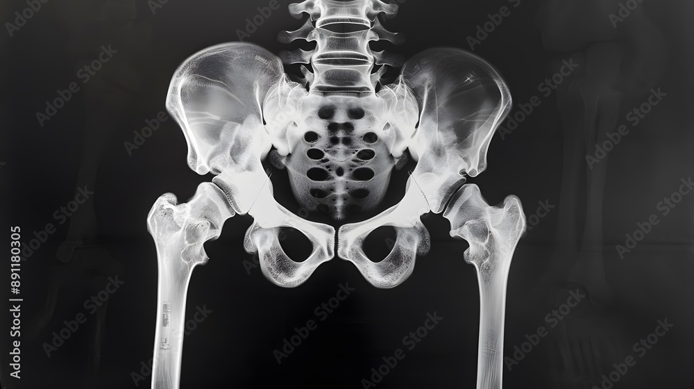 X-Ray of a Pelvis: X-ray image of a human pelvis, showing detailed bone ...