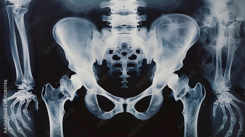 X-Ray of a Pelvis: X-ray image of a human pelvis, showing detailed bone structure and hip joints ...