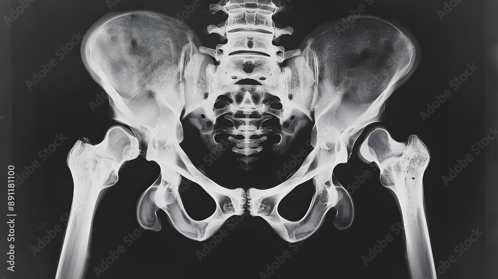 X-Ray of a Pelvis: X-ray image of a human pelvis, showing detailed bone structure and hip joints ...