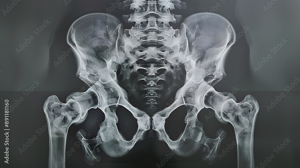 X-Ray of a Pelvis: X-ray image of a human pelvis, showing detailed bone ...