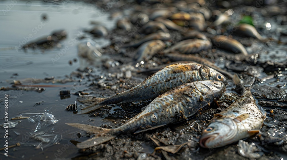 Dead fish lie on a polluted shore, highlighting the devastating impact ...