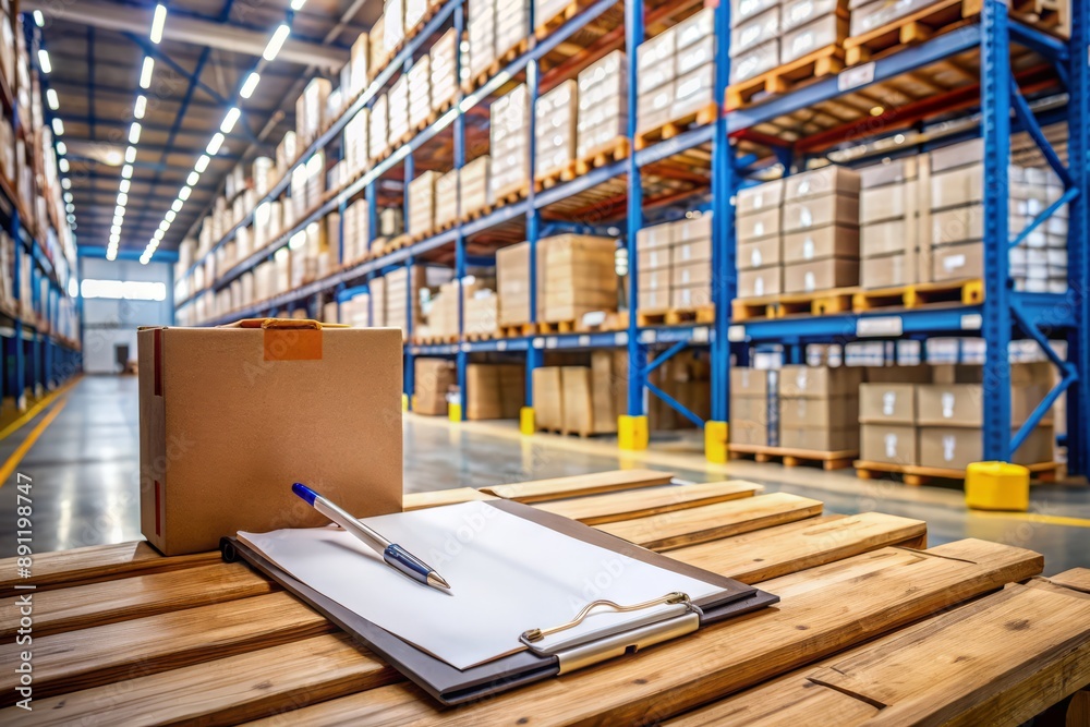 Industrial warehouse background with rows of shelves and boxes ...
