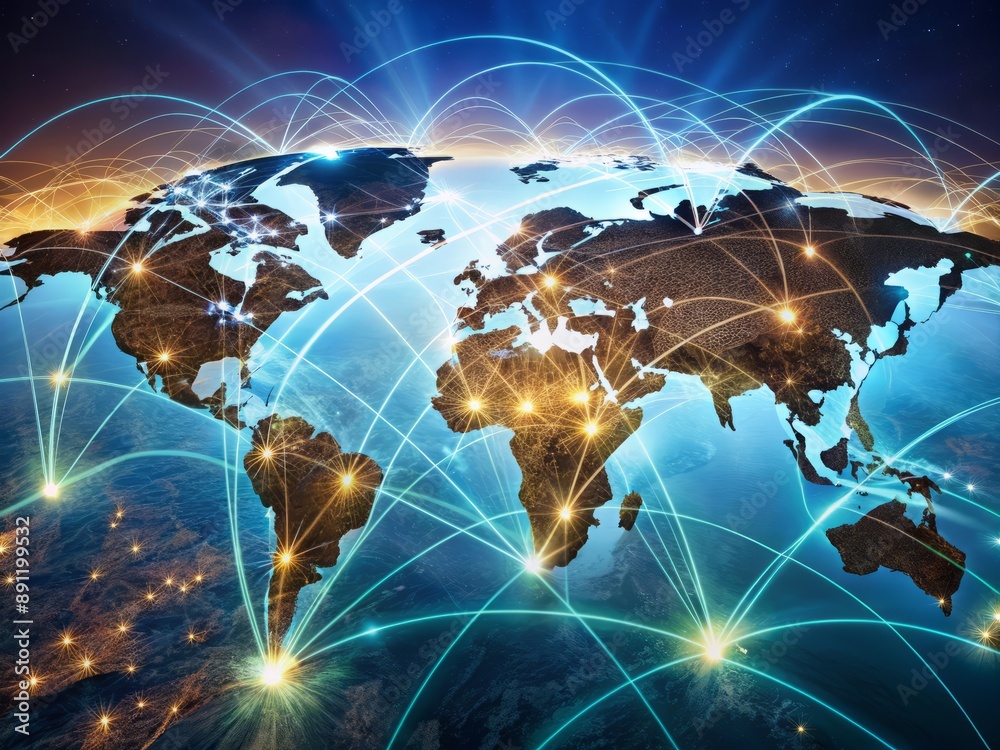 Global digital map with glowing fibers, satellites, and circuits ...