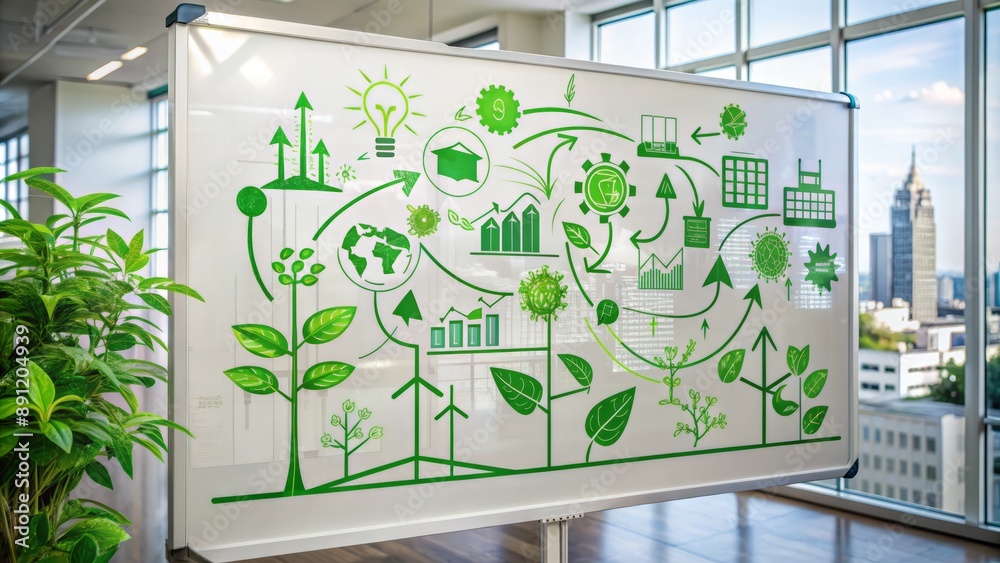 A futuristic whiteboard displays a diagram of a sustainable business ...