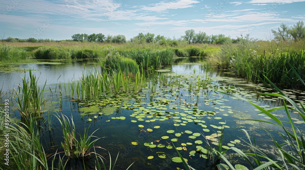A thriving wetland ecosystem with diverse plant and animal life ...