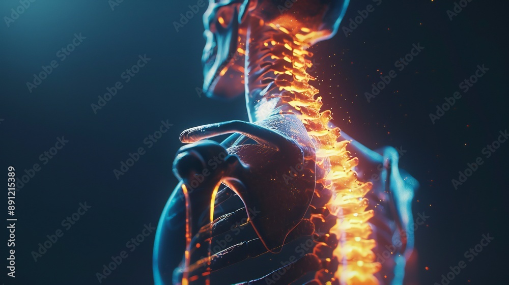 Human skeleton diagram showing the spine with highlighted regions of ...