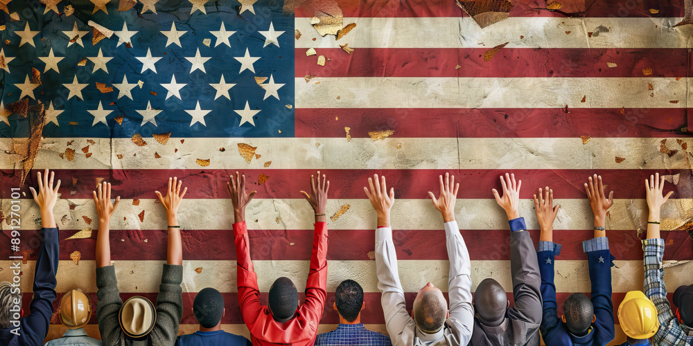 One Nation, Indivisible: A diverse group of people raising their hands ...