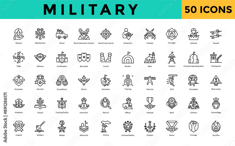 Military icon set with mission, deployment, patrol, reconnaissance ...