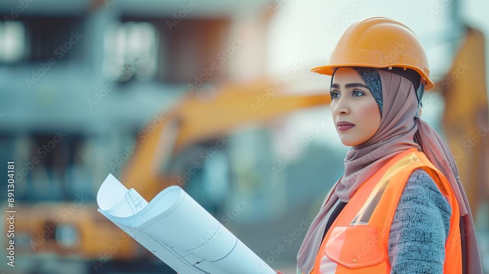 Young Muslim woman engineer in a construction site, wearing a hard hat ...
