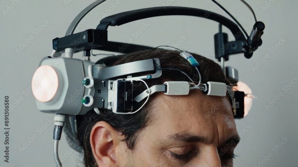 Transcranial magnetic stimulation (TMS) device positioned around the ...