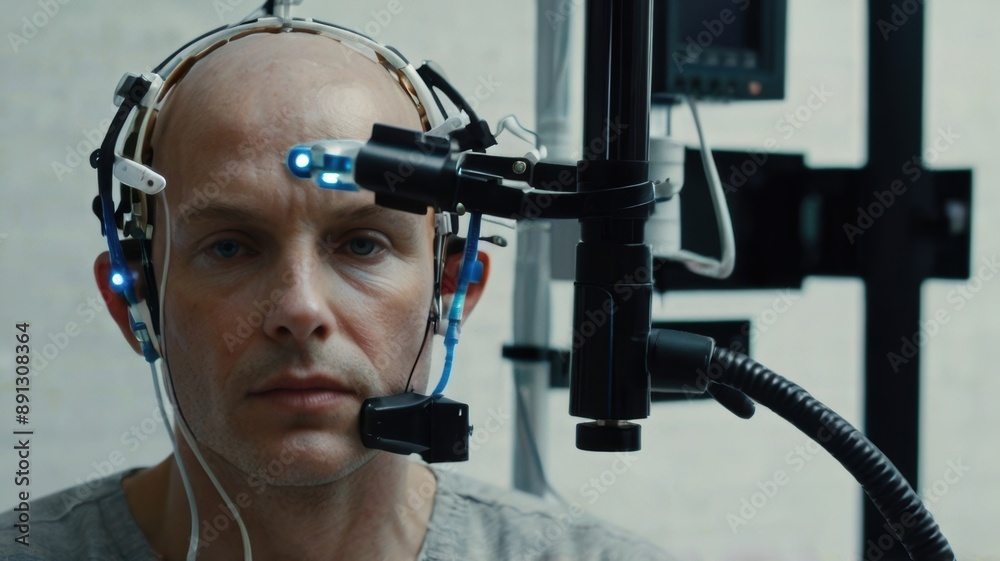 Transcranial magnetic stimulation (TMS) device positioned around the ...