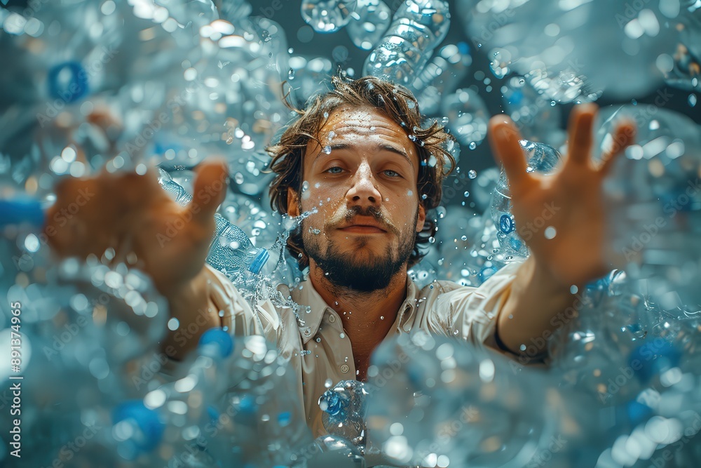 A man submerged in a chaotic swirl of plastic water bottles, depicting ...