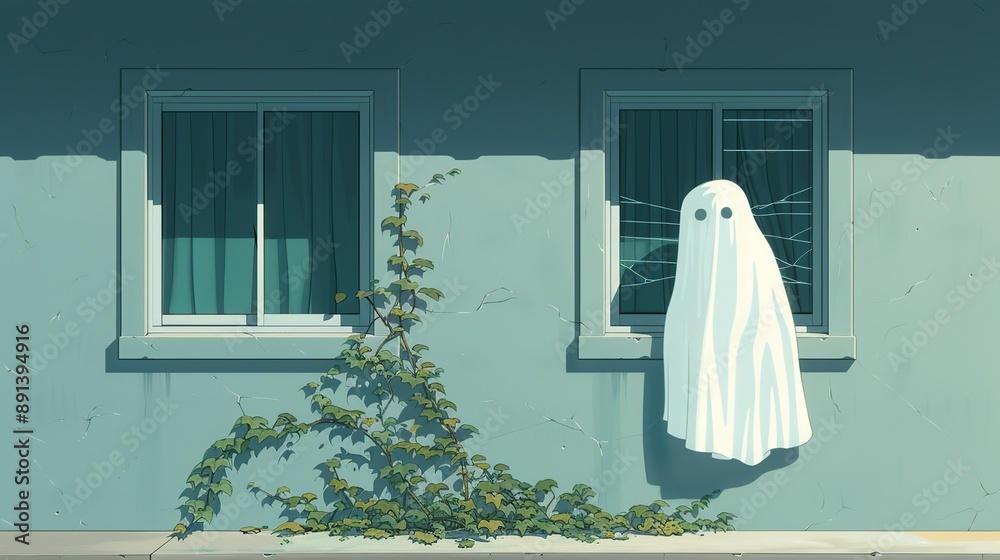 Creepy abandoned house with broken windows and overgrown vines, a ghostly presence. Illustration ...