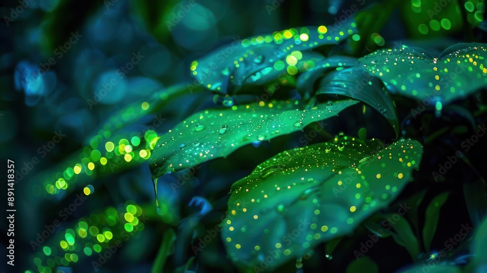bioluminescent rainforest glowing leaves and flowers water droplets ...