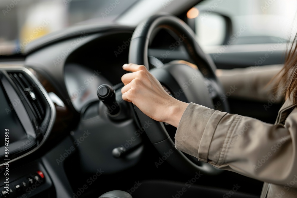 Profile of a middle-aged woman in work clothes driving a truck Image of ...