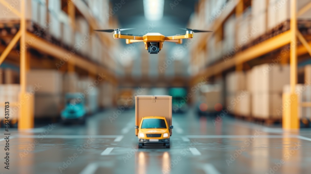 High-tech drones and autonomous trucks working together in a warehouse environment, symbolizing ...