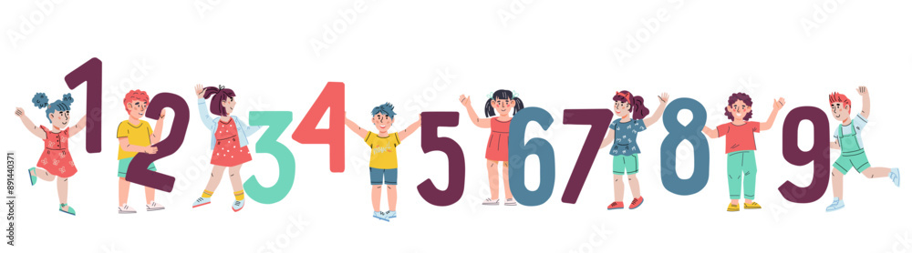 Smiling children with numbers from 1 to 10 in hands, flat cartoon ...