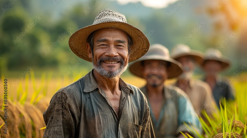 Picture of cheerful farmers in Asia working together to plow a rice field under the bright sun ...