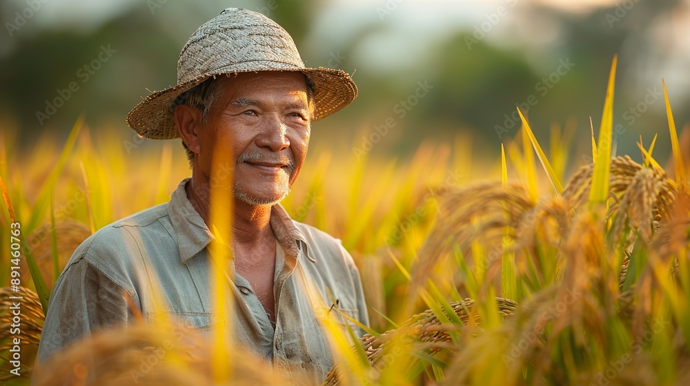 Happy farmer in Southeast Asia standing amidst golden rice plants ready ...