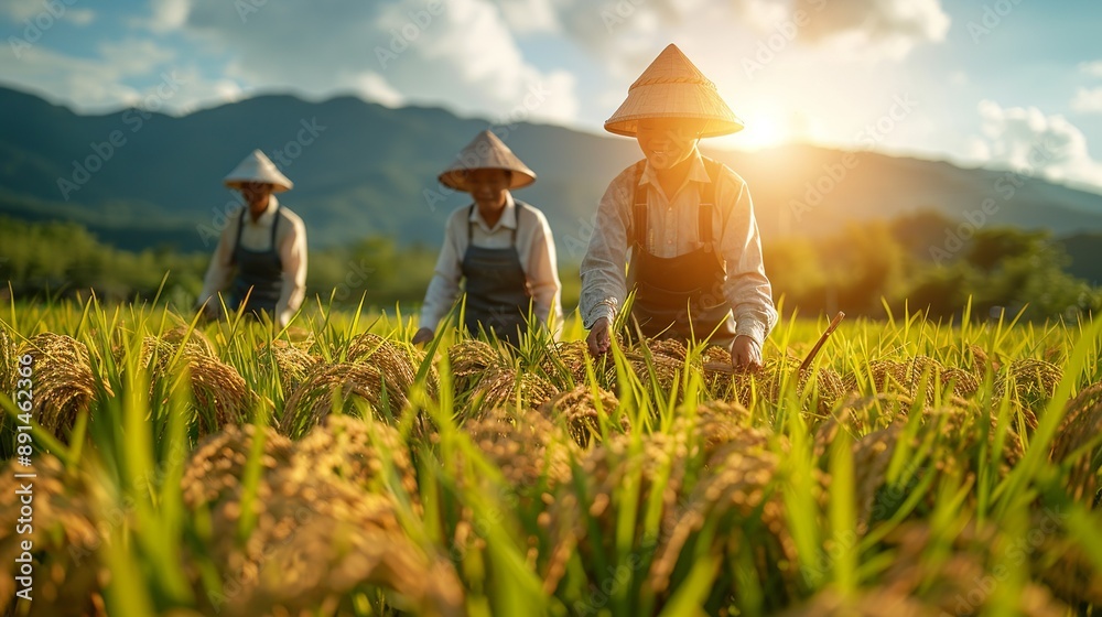 Picture of cheerful farmers in Asia working together to plow a rice field under the bright sun ...